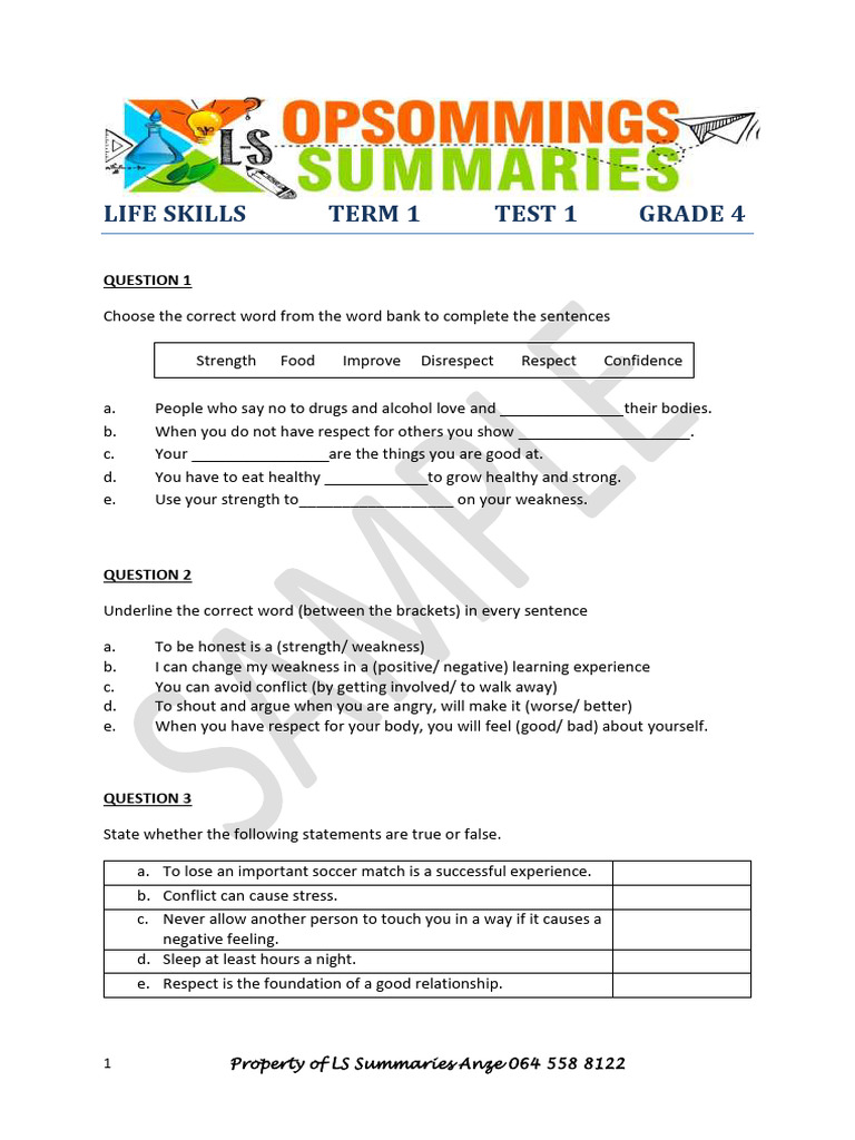 Life Skills Grade 4 Test Example | PDF | Behavioural Sciences | Psychology