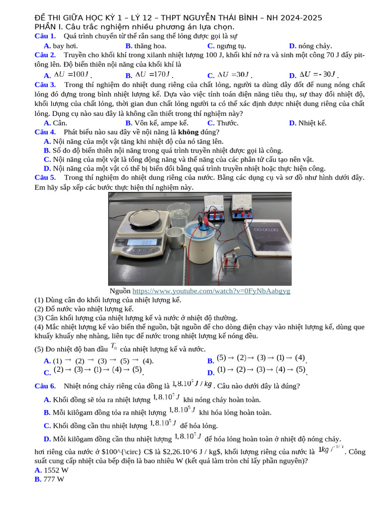 ĐỀ THI GHK1 - LÝ 12 - THPT NGUYỄN THÁI BÌNH NH 2024-2025 | PDF