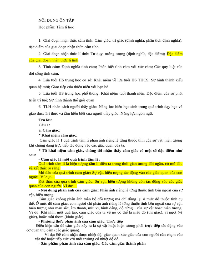 Hướng dẫn NỘI DUNG ÔN TẬP TLH | PDF