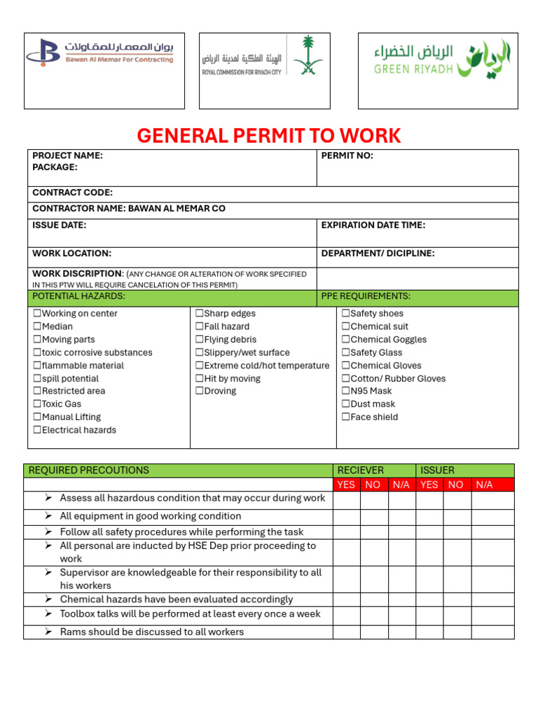 GENERAL WORK PERMIT | PDF | Personal Protective Equipment | Working ...