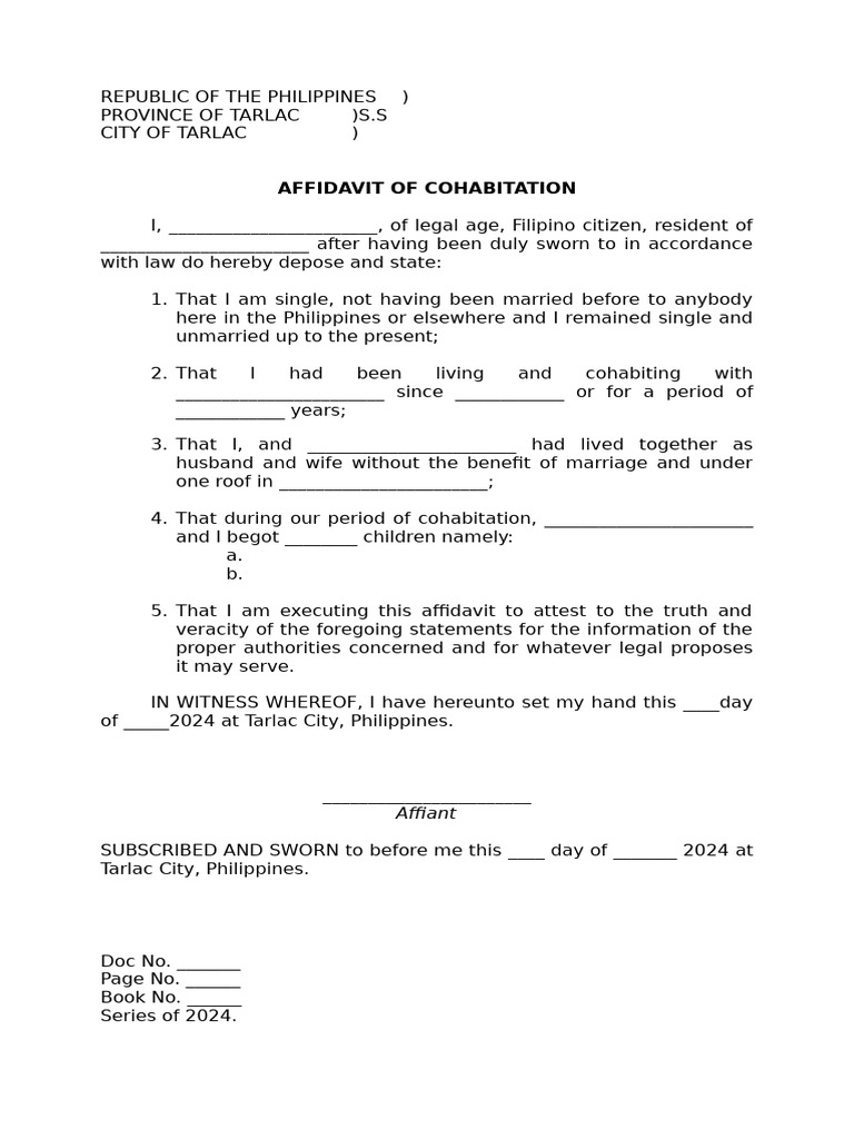 Affidavit of Cohabitation Template Philippines | PDF