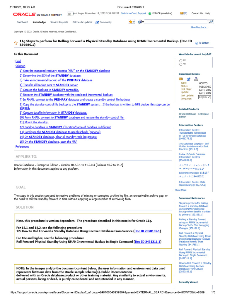 11g Lag Resolution Using SCN Method | PDF | Backup | Databases