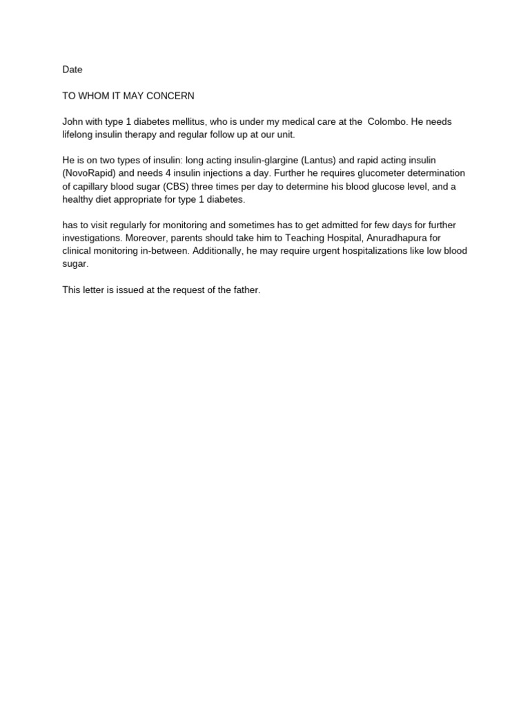 Sample Diabetes Mellitus Request Letter | PDF
