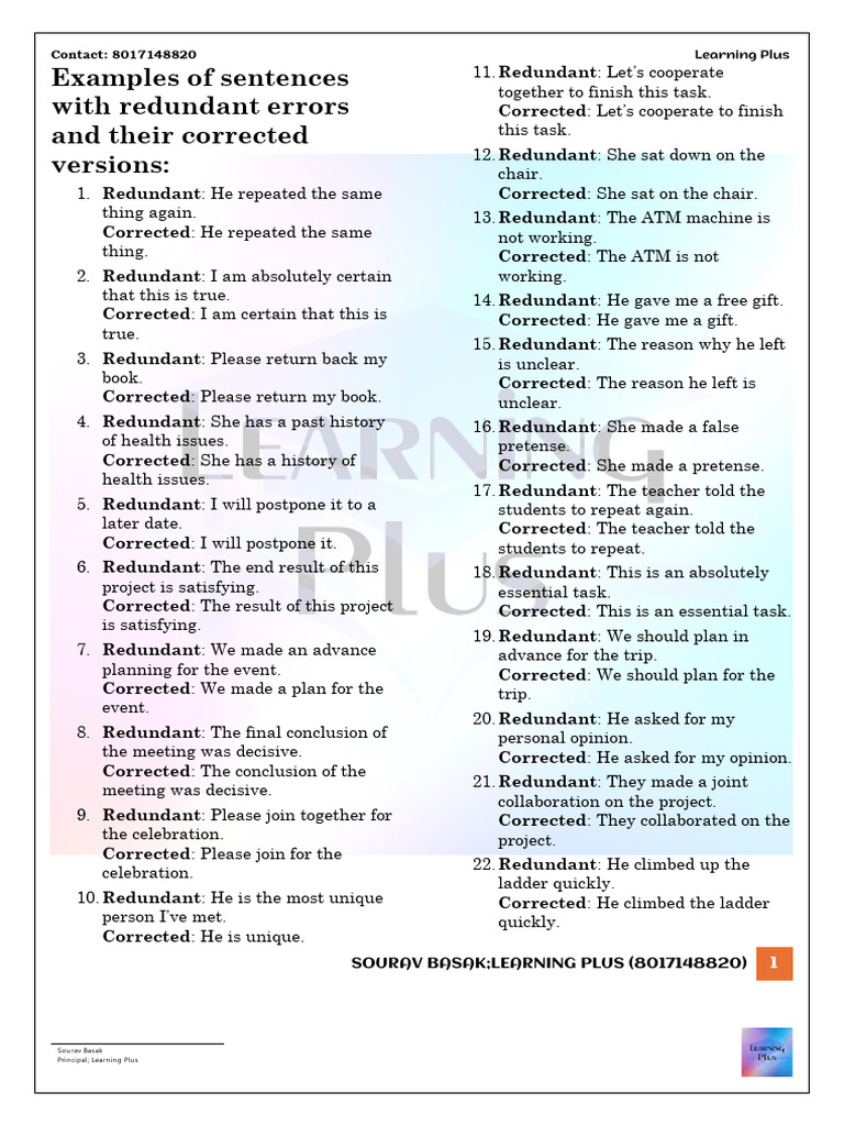 Redundant Sentence Corrections Guide | PDF