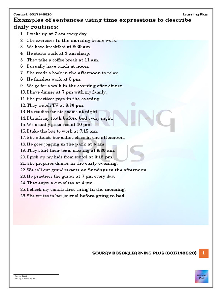 Examples of Sentences Using Time Expressions To Describe Daily Routines ...