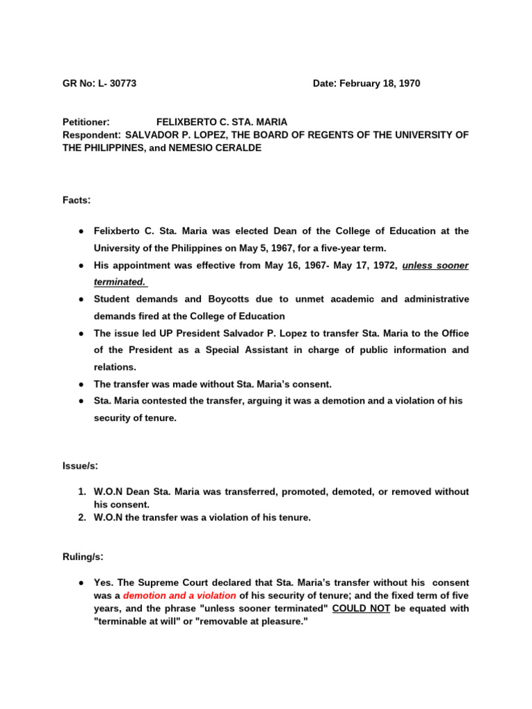Sta. Maria vs. UP: Tenure Violation Ruling | PDF | Law Of The United ...