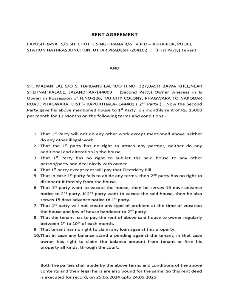 RENT DEED TAJ HOUSE | PDF