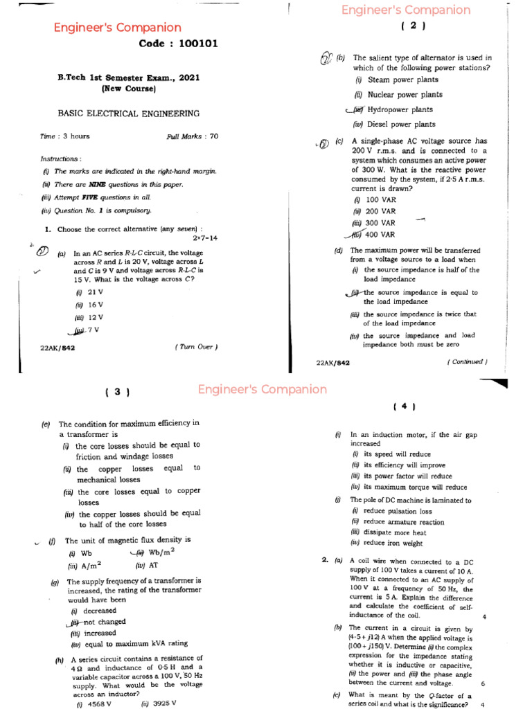 BEE 2021 (1st Sem) QP | PDF