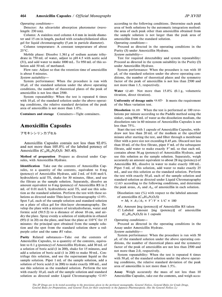 Amoxicillin Capsules JP Monograph | PDF | Solubility | Chromatography