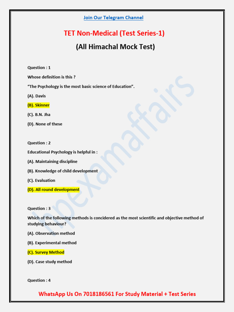 TET Non-Medical Mock Test Questions | PDF | Memory | Neuroscience