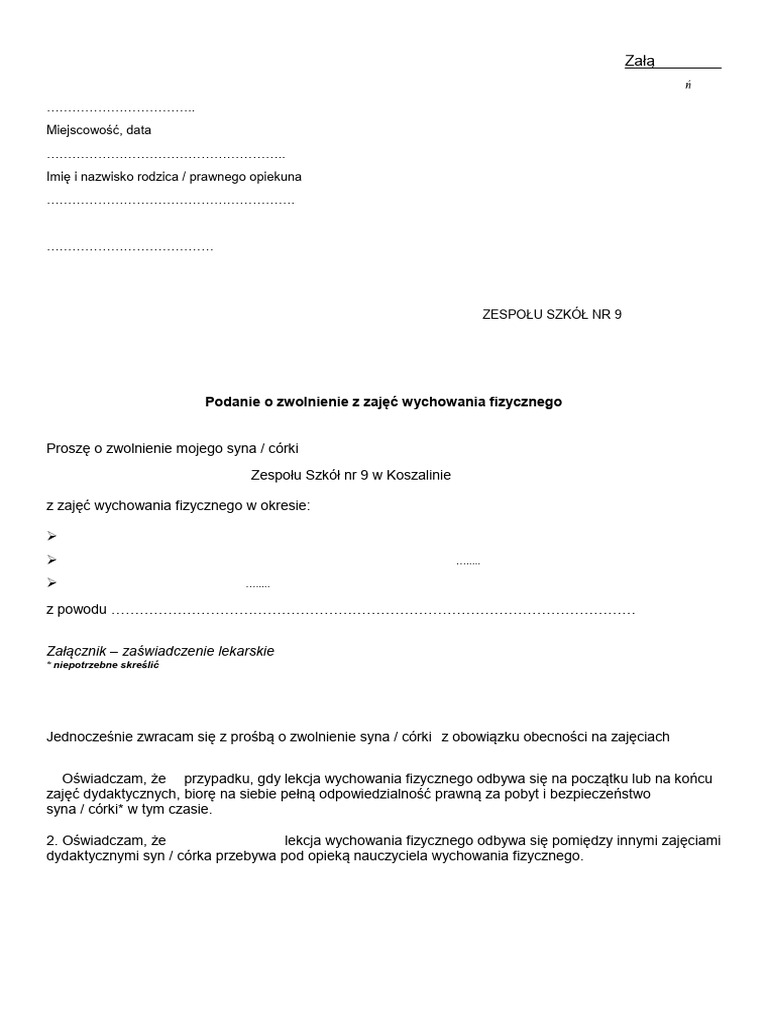 Podanie o Zwolnienie Ucznia Z WF | PDF