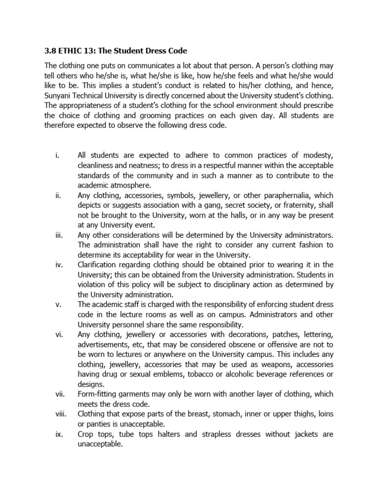 ETHIC 13 The Student Dress Code | PDF | Clothing | Trousers