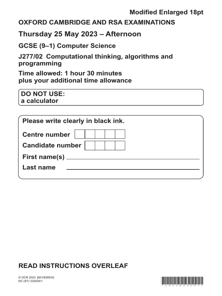Thursday 25 May 2023 - Afternoon: © OCR 2023 (601/8355/X) DC (ST) 332525/1 | PDF | Algorithms ...