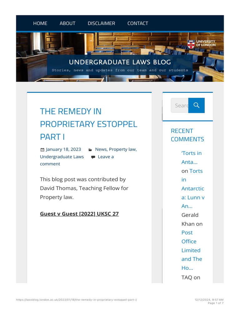 The Remedy in Proprietary Estoppel Part I - Undergraduate Laws Blog ...