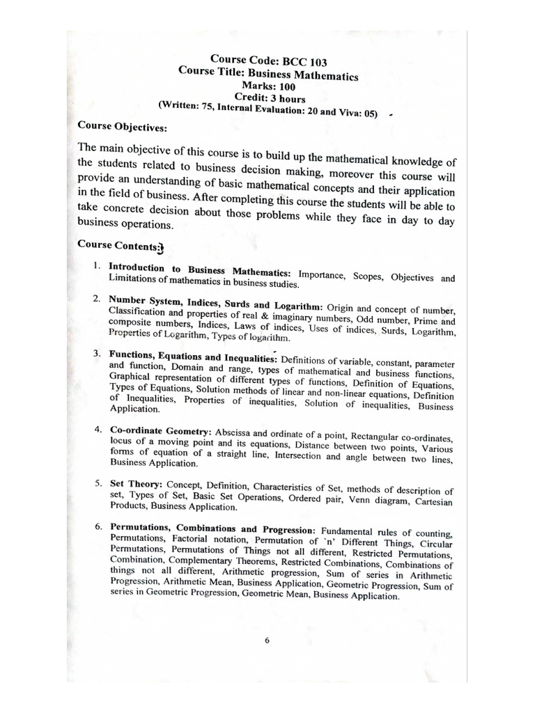 103 Business Mathematics Syllabus-1 | PDF