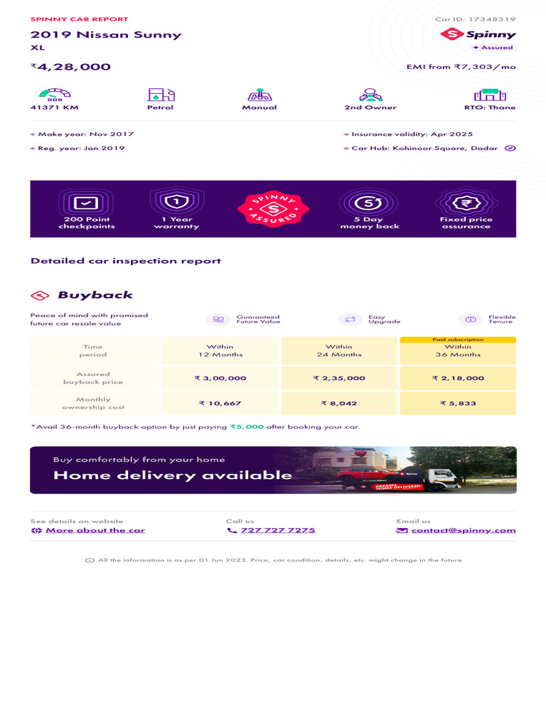 Spinny 2019 Nissan Sunny Inspection Report | PDF