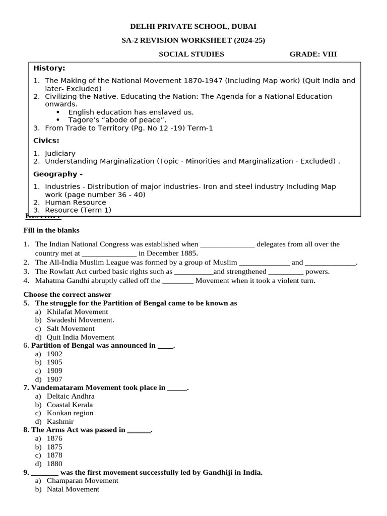 Grade 8 Social Studies Revision Worksheet | PDF | Mahatma Gandhi