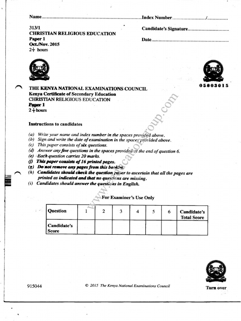 2015 KCSE CRE Paper 1 - 2 | PDF