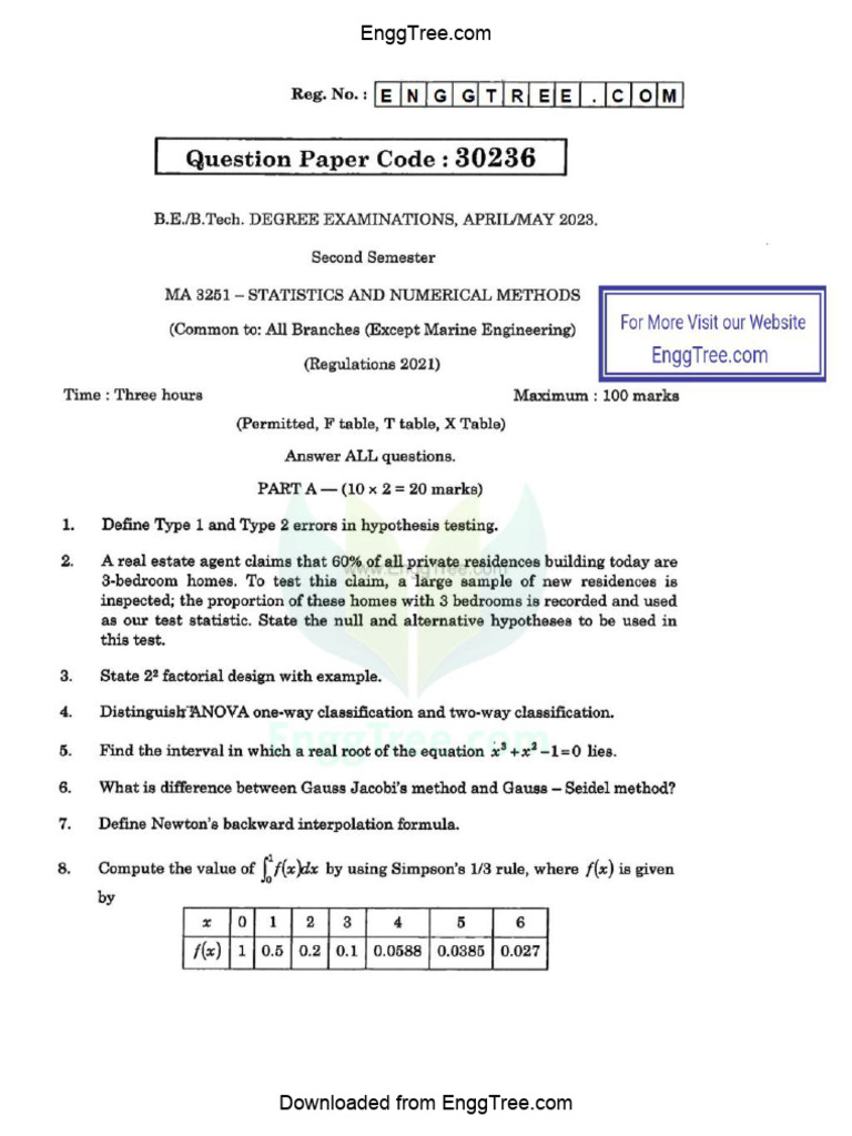 MA3251 Statistics and Numerical Methods Apr May 2023 Question Paper ...