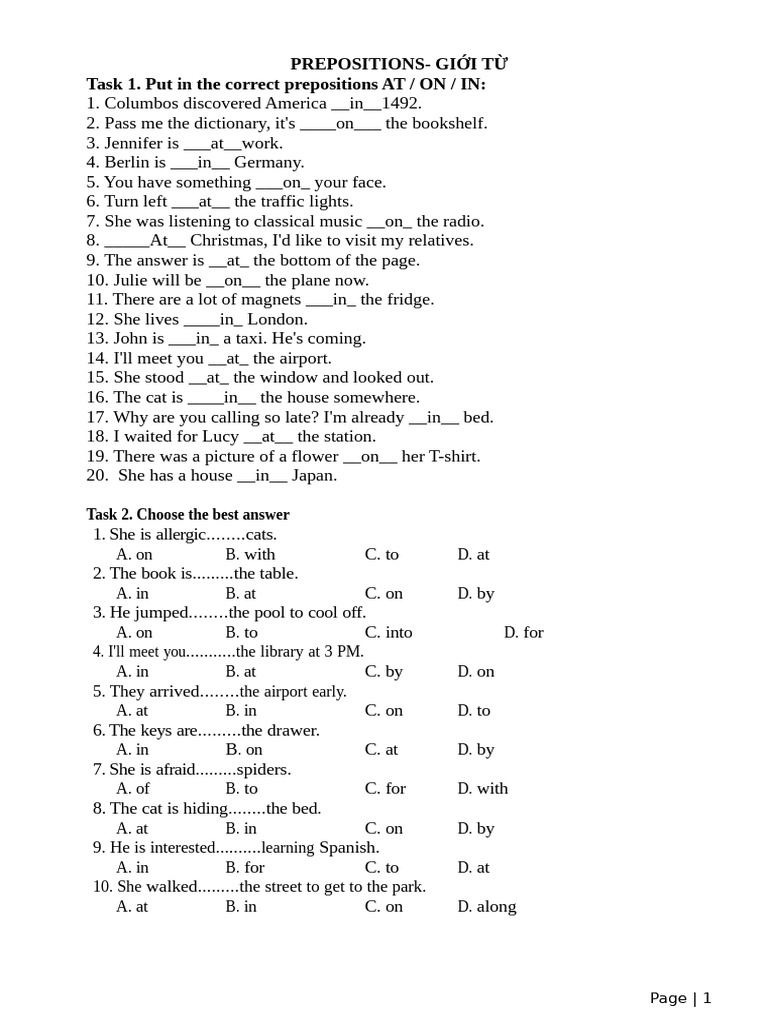 Prepositions-Gi I T Task 1. Put in The Correct Prepositions AT / ON / IN | PDF