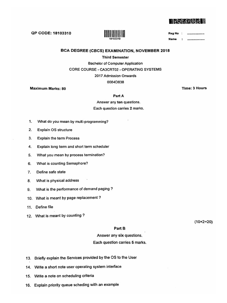 Bca 3 Sem Operating Systems 18103310 Nov 2018 (1) | PDF