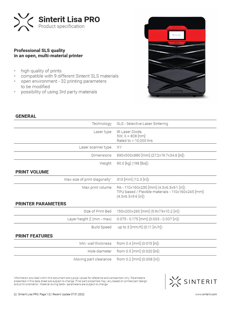 Sinterit Lisa PRO Specifications Overview | PDF