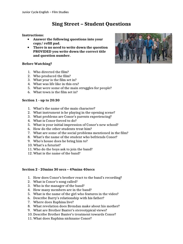 Sing Street Film Study Questions | PDF