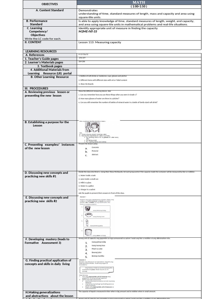 DLL_ALL SUBJECTS 2_Q4_W7_D1 | PDF | Litre | Cognition