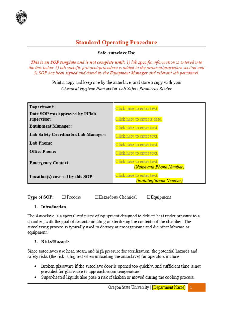Osu Autoclave Sop Template | PDF | Sterilization (Microbiology ...