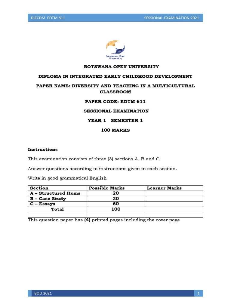 EDTM 611 SESSIONAL EXAM 2021 | PDF | Teachers | Learning