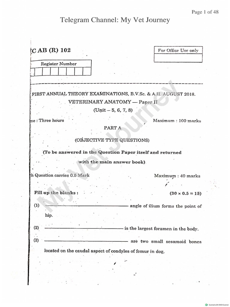 Previous Year Question Papers 1st Year Veterinary | PDF