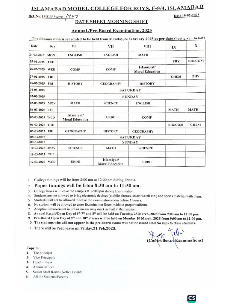 Date Sheet Annual Exam 2025 Class 6 7 and 8th | PDF
