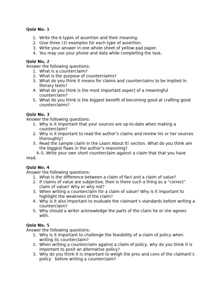 Assertion and Counterclaim Quiz Guide | PDF