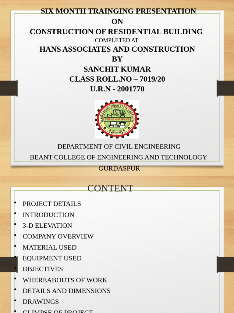 SIX MONTHS INDUSTRIAL TRAINING PPT | PDF | Mortar (Masonry) | Concrete