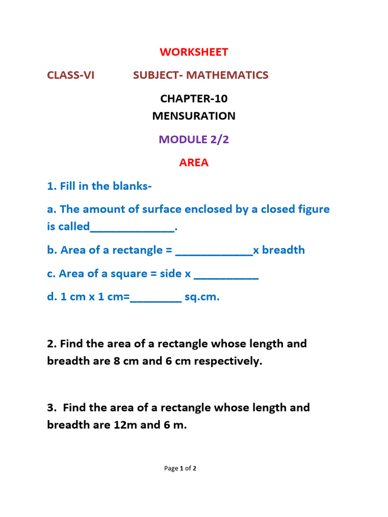 Vi Mat l10 m02 Mensuration Worksheet | PDF