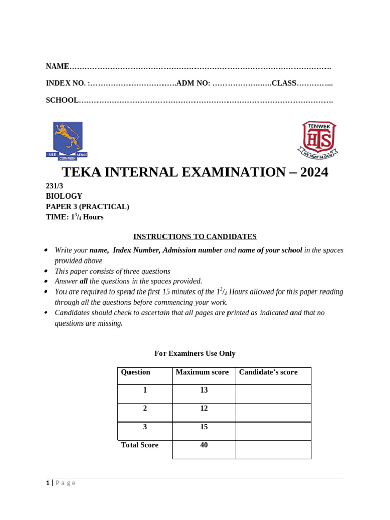 2024 Biology Practical Exam Paper | PDF | Systems Ecology | Natural ...