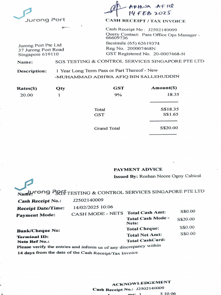 Jurong Port Pass Application Receipt - 14 Feb 2025 | PDF