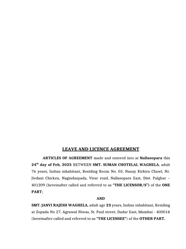 Leave & Licence Agreement - Vandana - Chaubey | PDF | License | Civil ...