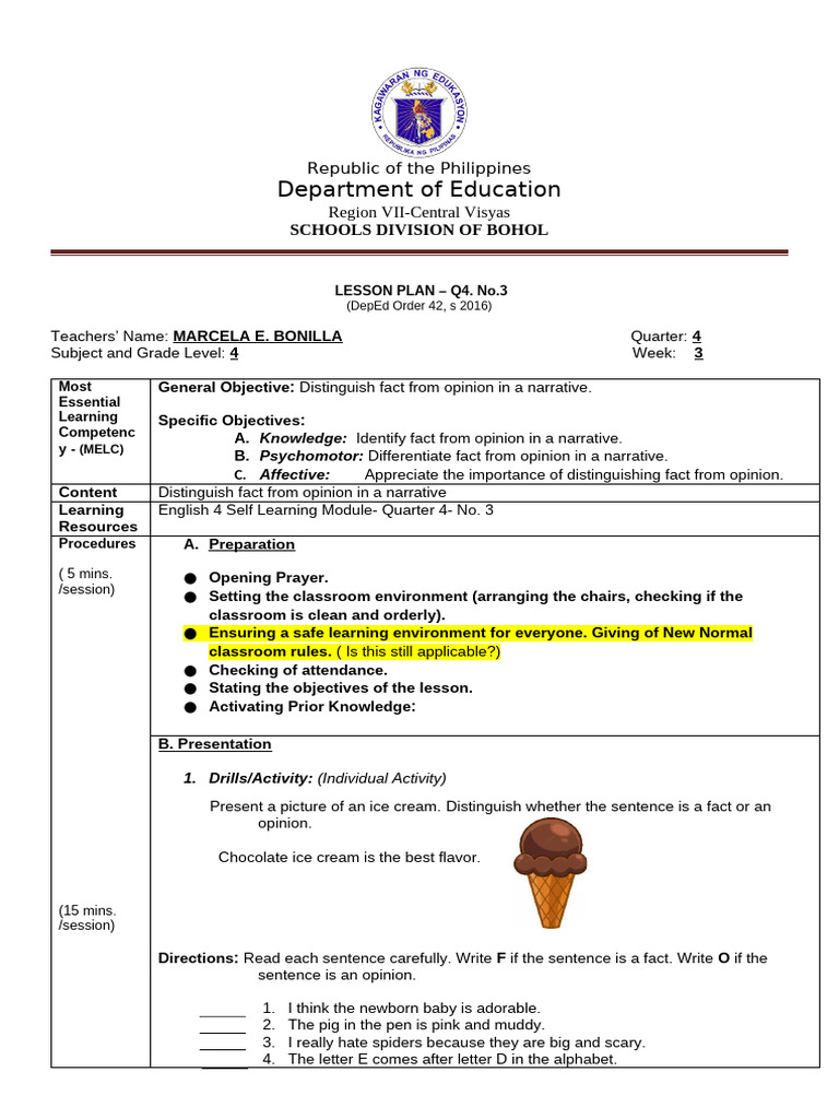 Bohol English4 Q4 PLP WK3 | PDF | Learning | Cognition