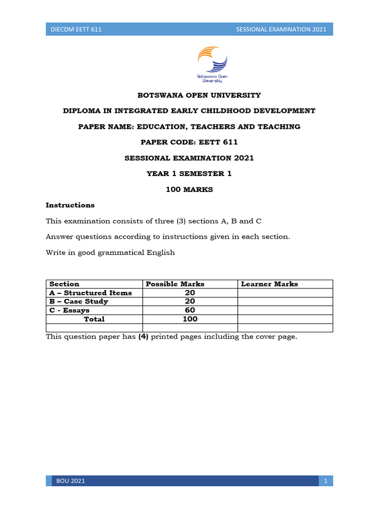 Eett 611 Sessional Exam 2021 | PDF | Liberal Arts Education | Intelligence