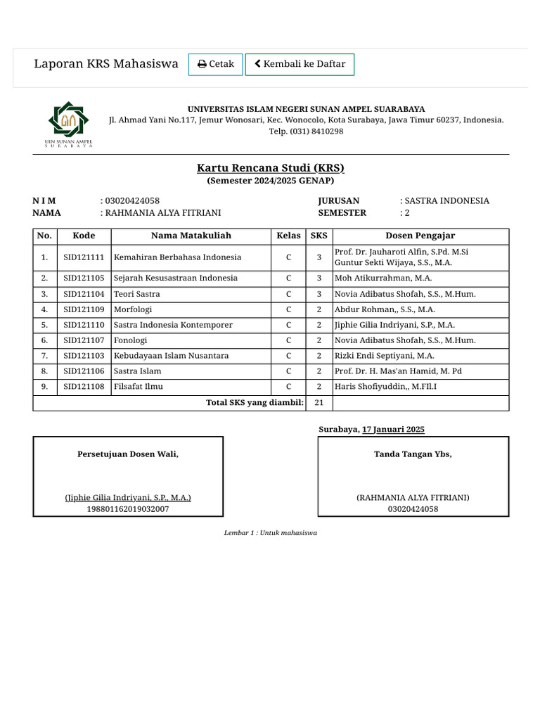 Laporan KRS Mahasiswa | PDF