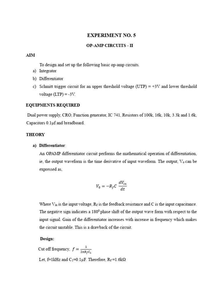 Op-Amp Circuits: Integrator, Differentiator, Schmitt Trigger | PDF | Operational Amplifier ...
