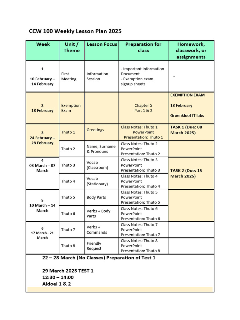 CCW100 Weekly Lesson Plan 2025(1) | PDF