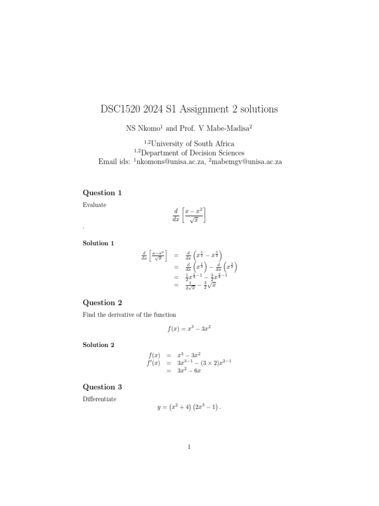 DSC1520 S1 Assignment 2 Solutions | PDF | Algebraic Geometry | Calculus