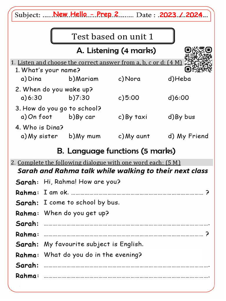 New Hello 2 (1) امتحان | PDF | Learning