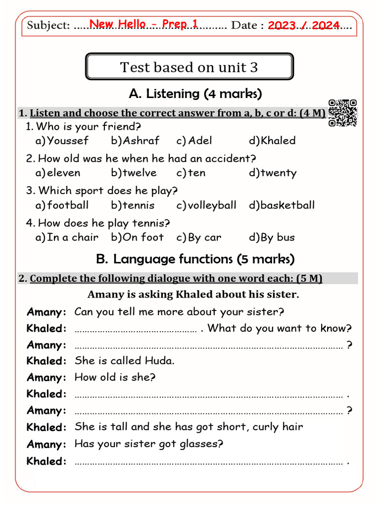 New Hello 1 (3) امتحان | PDF