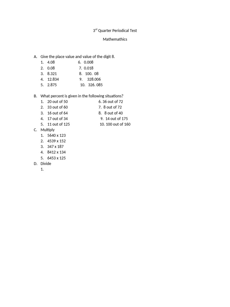 3rd Grading Periodical Test Grade 5 Mathematics | PDF