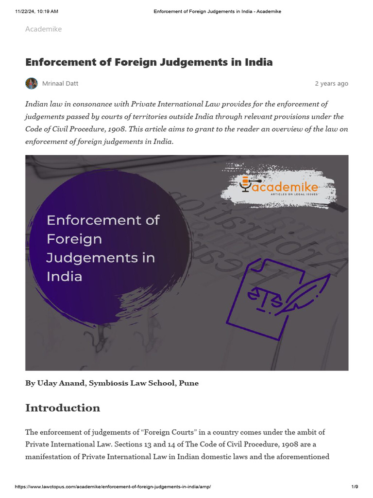 Foreign Judgement Enforcement India | PDF | Lawsuit | Judgment (Law)