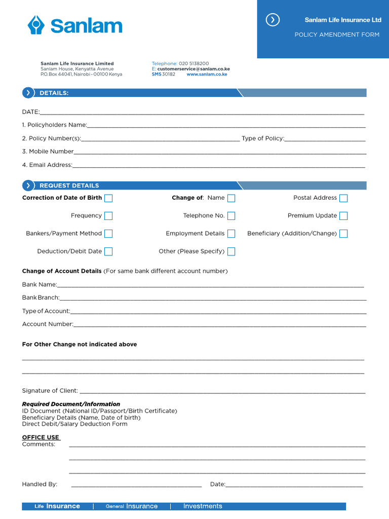 Sanlam Policy Amendment Form | PDF | Insurance | Life Insurance