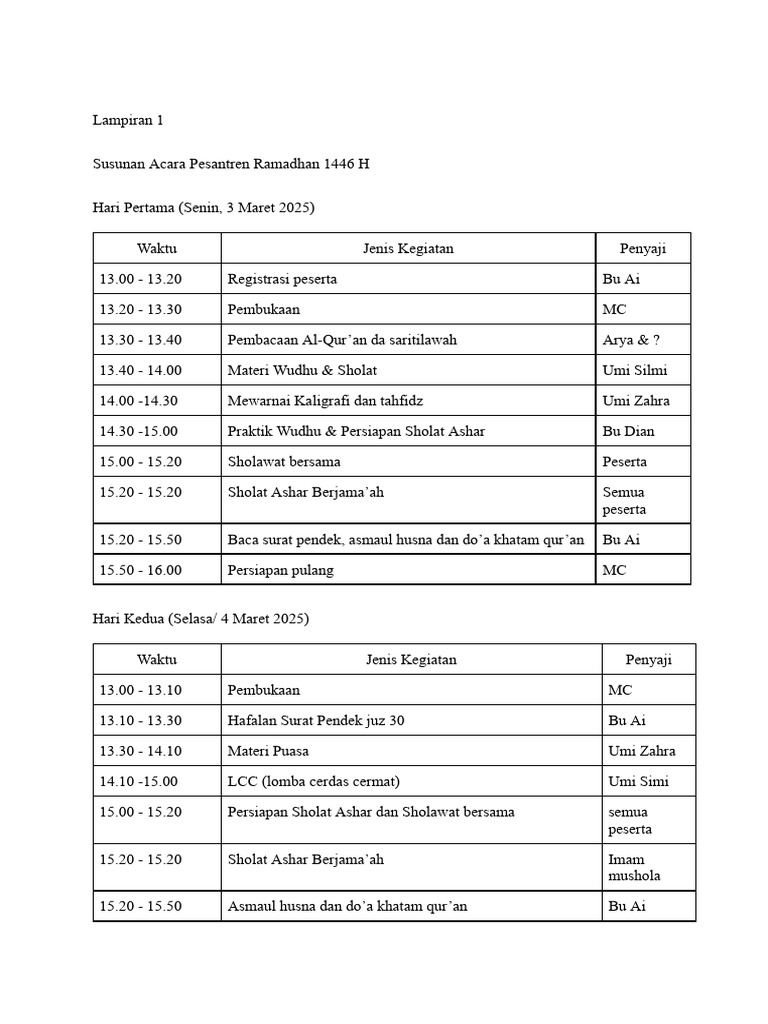Jadwal Pesantren Ramadhan 1446 H | PDF